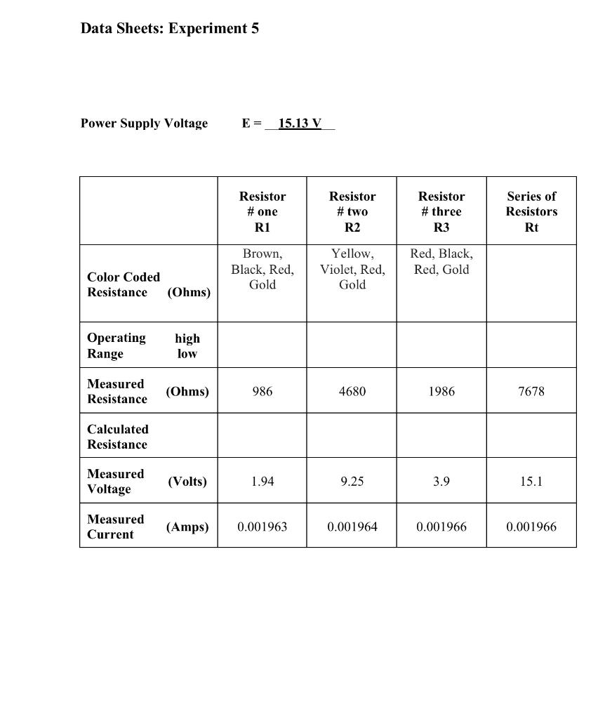 Solved Experiment 5: Simple D.C. Circuits DATA SAMPLE Color | Chegg.com