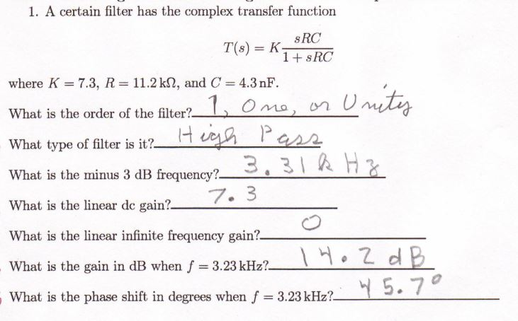 Solved 1. A certain filter has the complex transfer function | Chegg.com