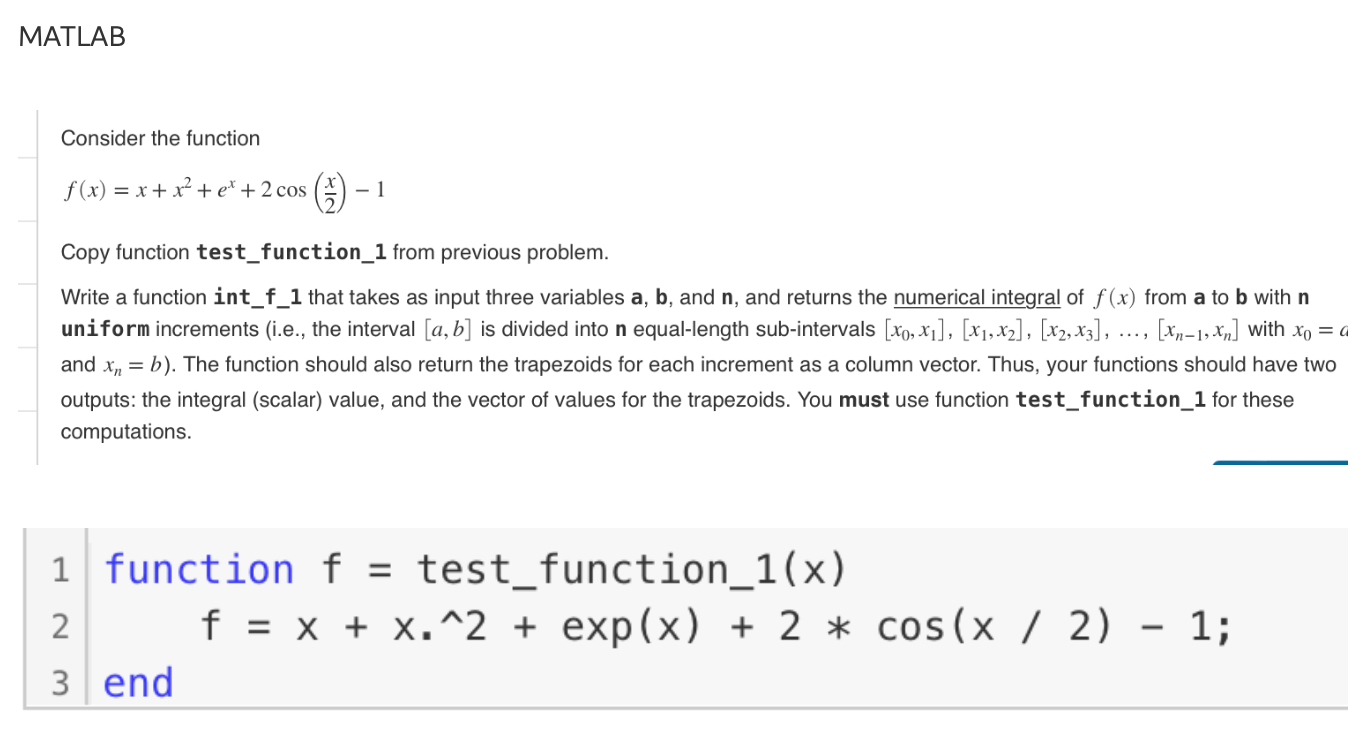 Solved MATLAB Consider the function f(x) = x + x² +e+ 2 cos | Chegg.com