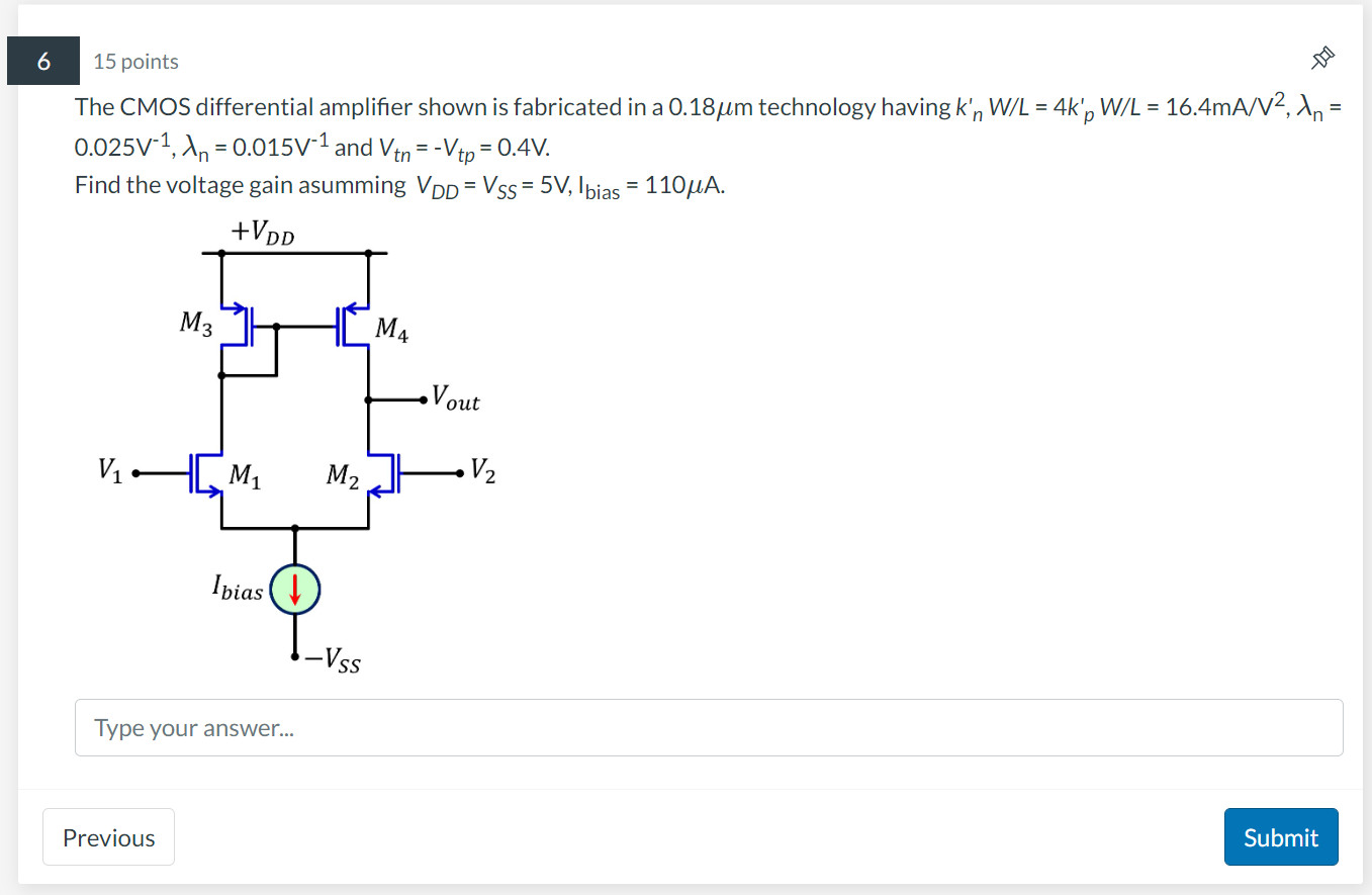 Solved The CMOS differential amplifier shown is fabricated | Chegg.com