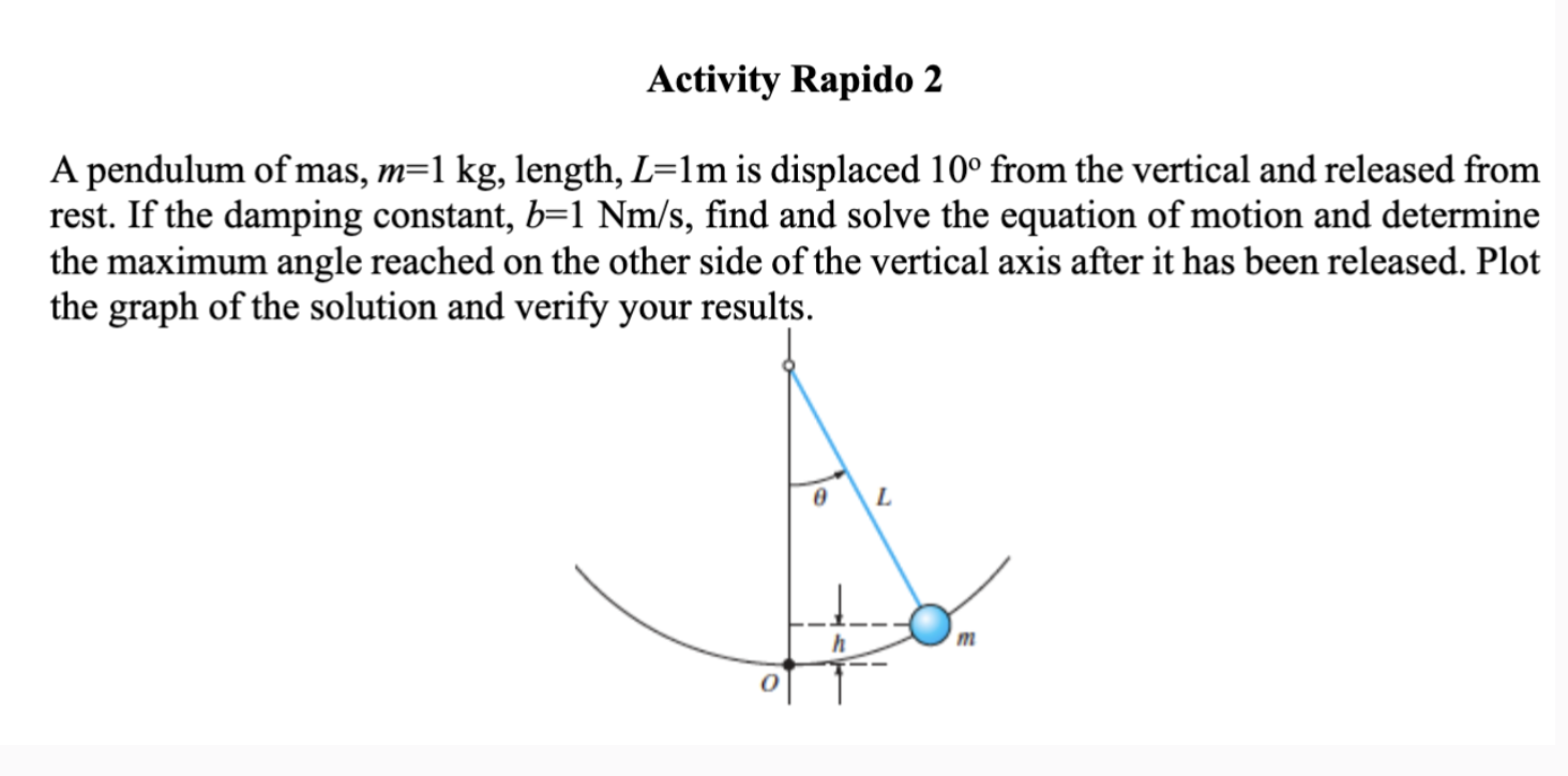 Solved Activity Rapido 2A pendulum of mas, m=1kg, ﻿length, | Chegg.com