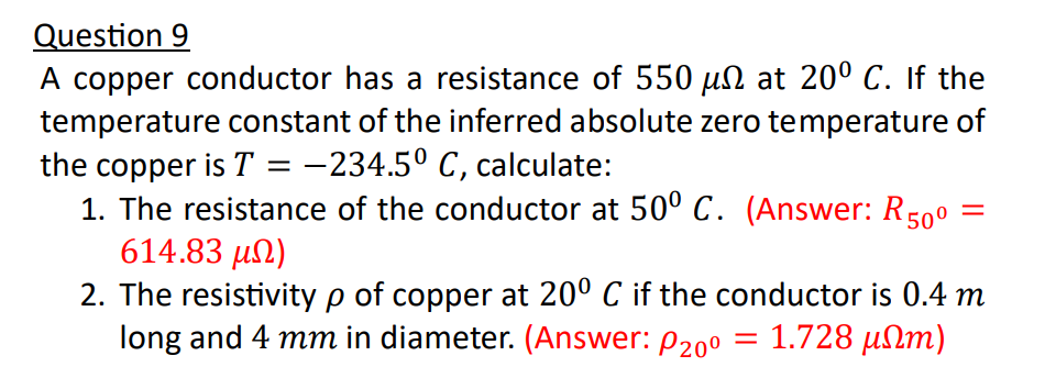 Solved Question 9 A copper conductor has a resistance of | Chegg.com