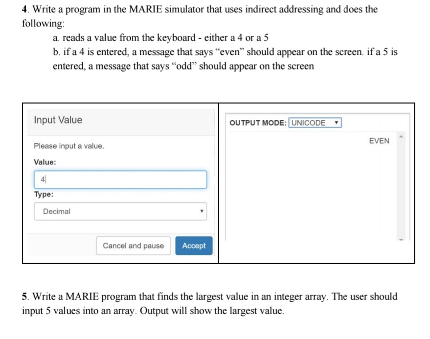 4. Write a program in the MARIE simulator that uses | Chegg.com