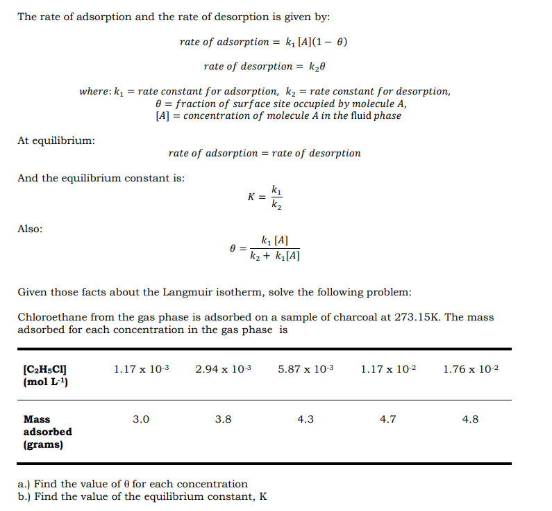 Solved = The rate of adsorption and the rate of desorption | Chegg.com