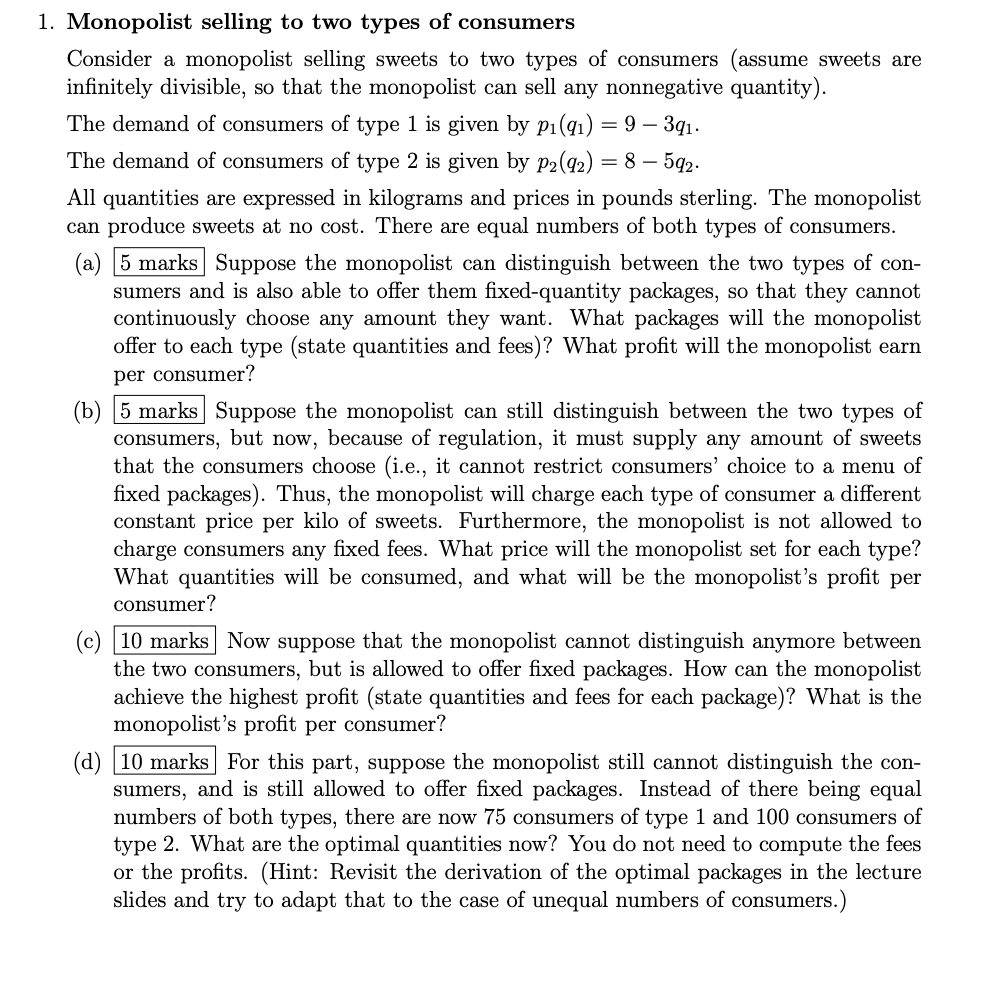 Solved Monopolist selling to two types of consumersConsider | Chegg.com