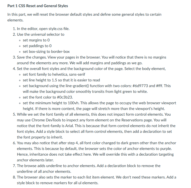 Solved Part 1 ﻿CSS Reset and General StylesIn this part, we | Chegg.com