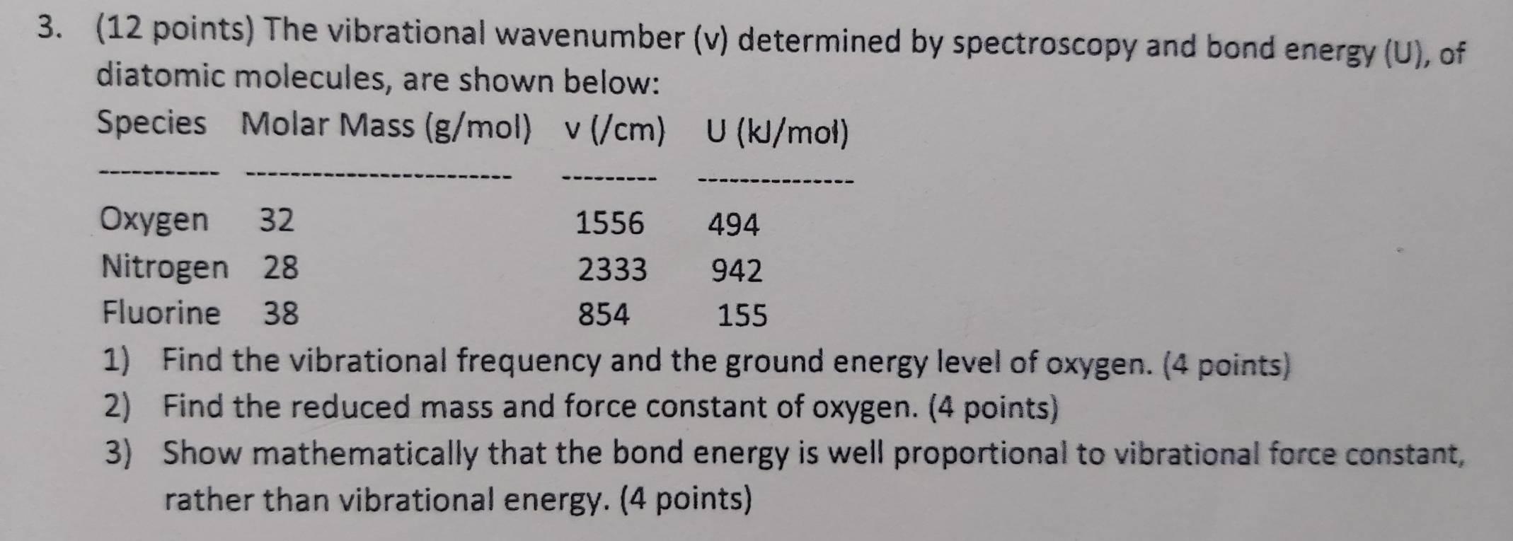 3. (12 points) The vibrational wavenumber (v) | Chegg.com