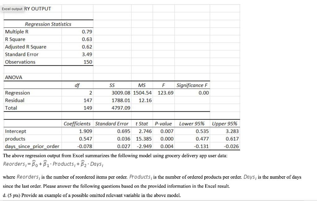 Solved Excel output RY OUTPUT Regression Statistics Multiple | Chegg.com