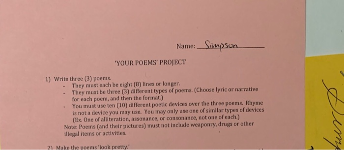 Name: Simpson YOUR POEMS' PROJECT 1) Write three (3) | Chegg.com