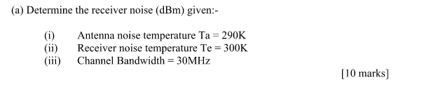 Solved (a) Determine the receiver noise (dBm) given:- (i) | Chegg.com