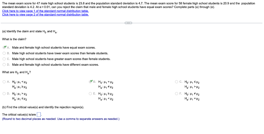 Solved The mean exam score for 47 male high school students | Chegg.com