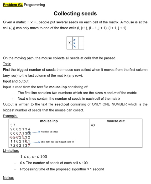 Solved Problem #3. Programming Collecting seeds Given a | Chegg.com