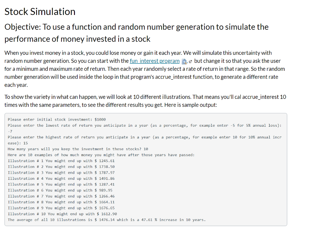 Stock Simulation Objective: To use a function and | Chegg.com