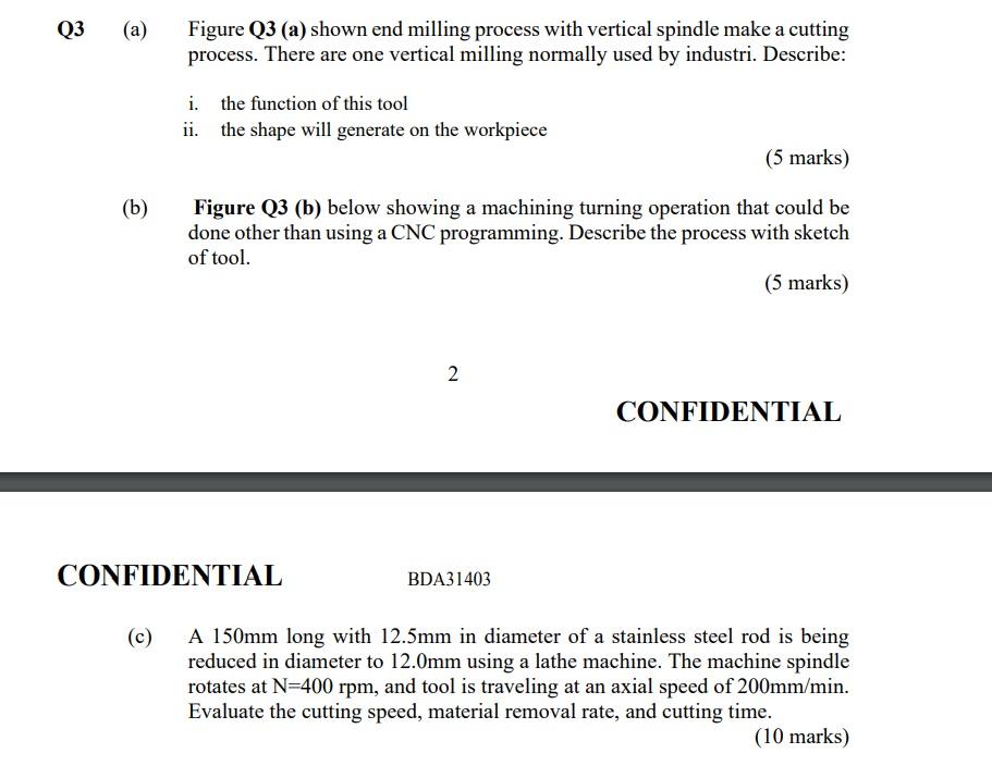 [Solved]: Q3 (a) (b) Figure Q3 (a) shown end milling proce