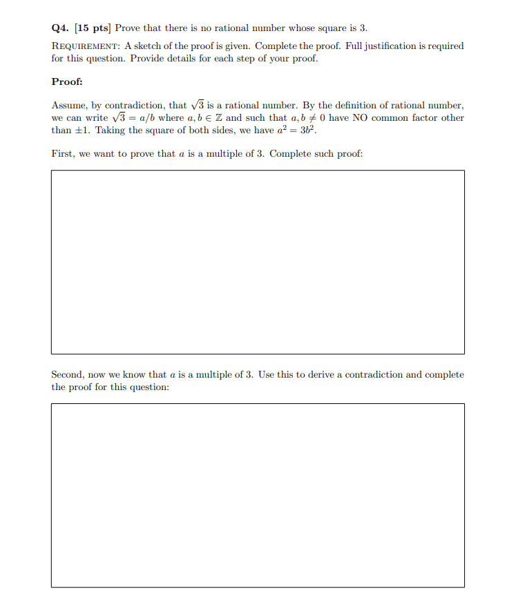 Solved Q4. (15 pts) Prove that there is no rational number | Chegg.com