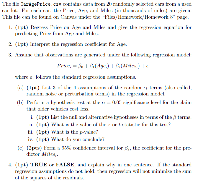 Solved The file CarAgePrice.csv contains data from 20 | Chegg.com