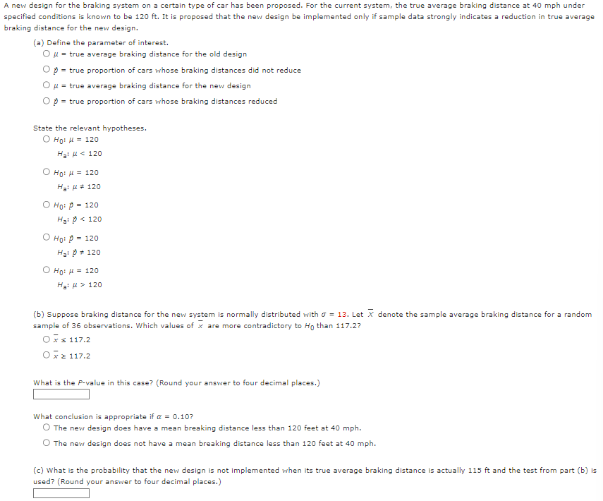 Solved new design for the braking system on a certain type | Chegg.com