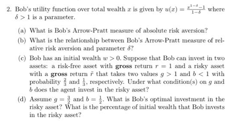 Solved Bob's utility function over total wealth x ﻿is given | Chegg.com