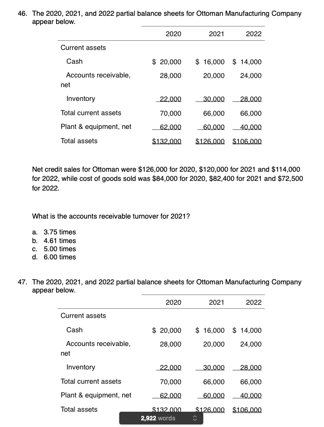 Solved 46. The 2020, 2021, and 2022 partial balance sheets | Chegg.com