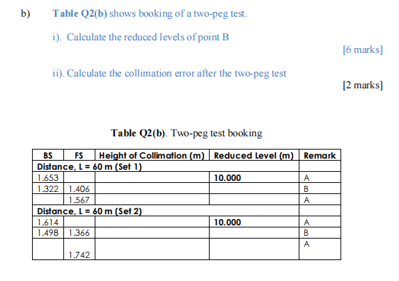Solved b) Table Q2(b) shows booking of a two-peg test. i). | Chegg.com