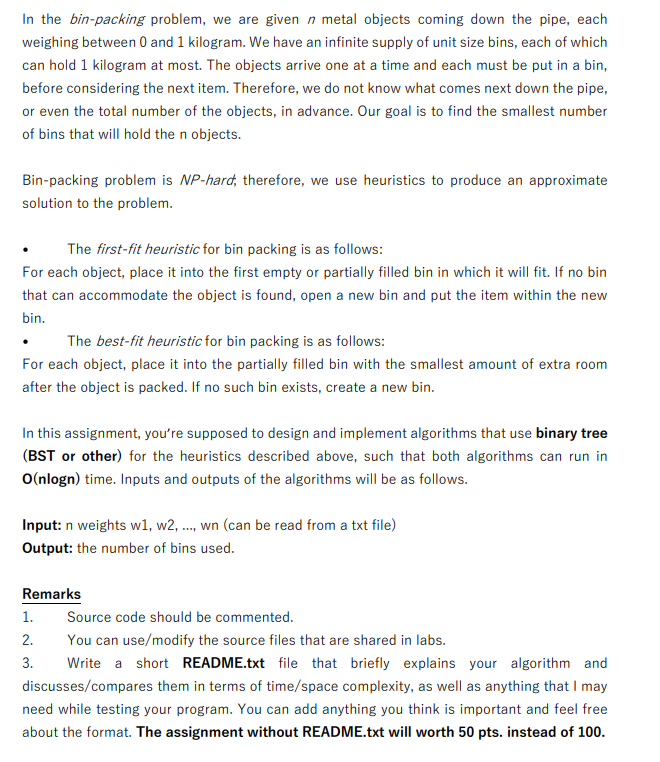 Solved In the bin-packing problem, we are given n metal | Chegg.com