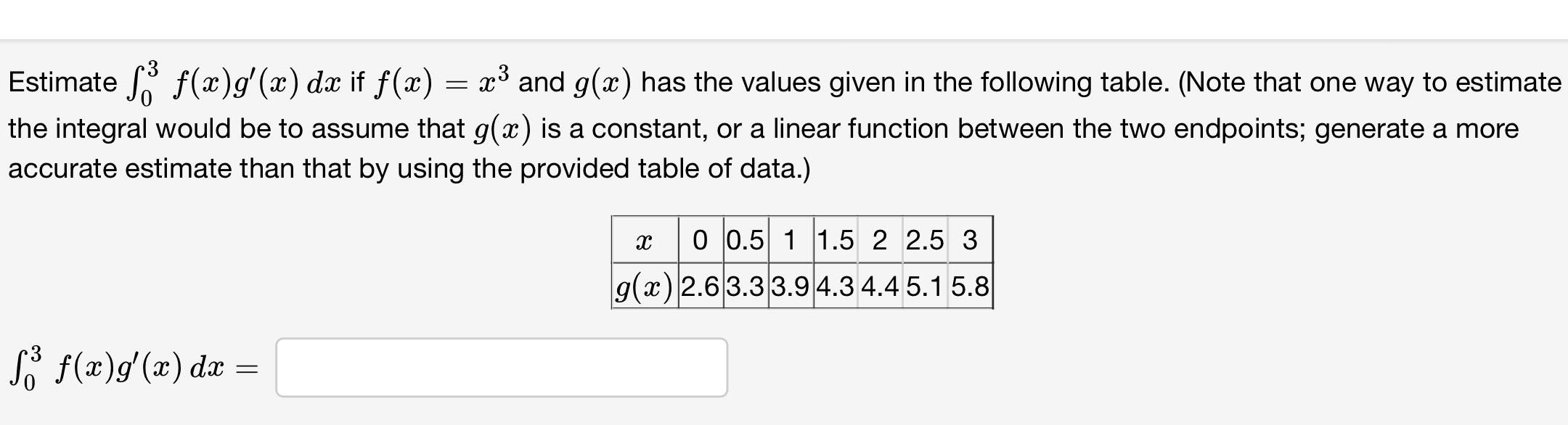 Solved Estimate f f(x)g'(x) dx if f(x) = x³ and g(x) has the | Chegg.com