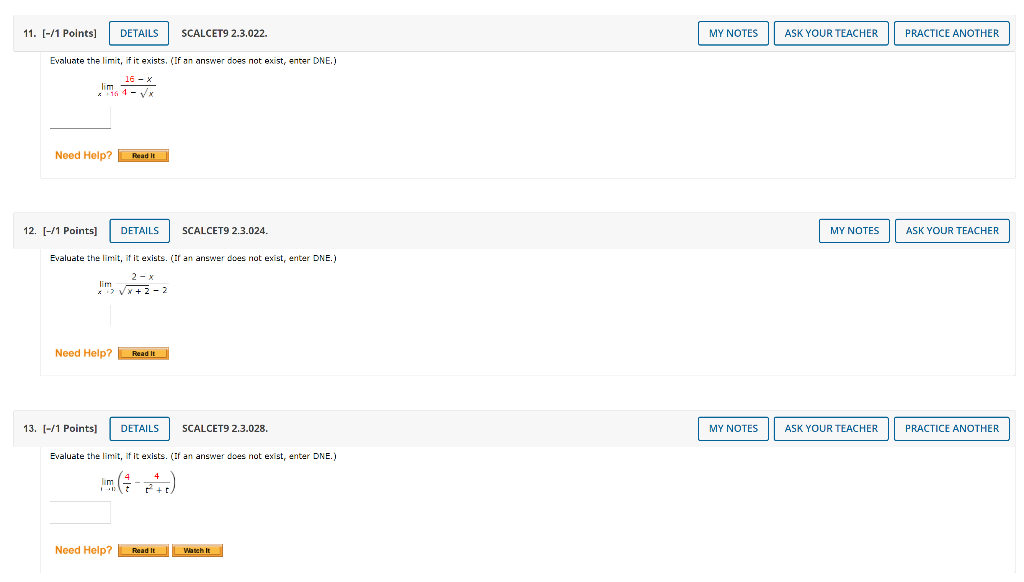 Solved 11. [-/1 Points] DETAILS SCALCET9 2.3.022. Evaluate | Chegg.com