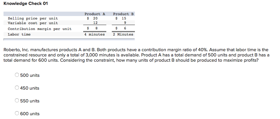 Solved Knowledge Check 01 Product AProduct B selling price | Chegg.com