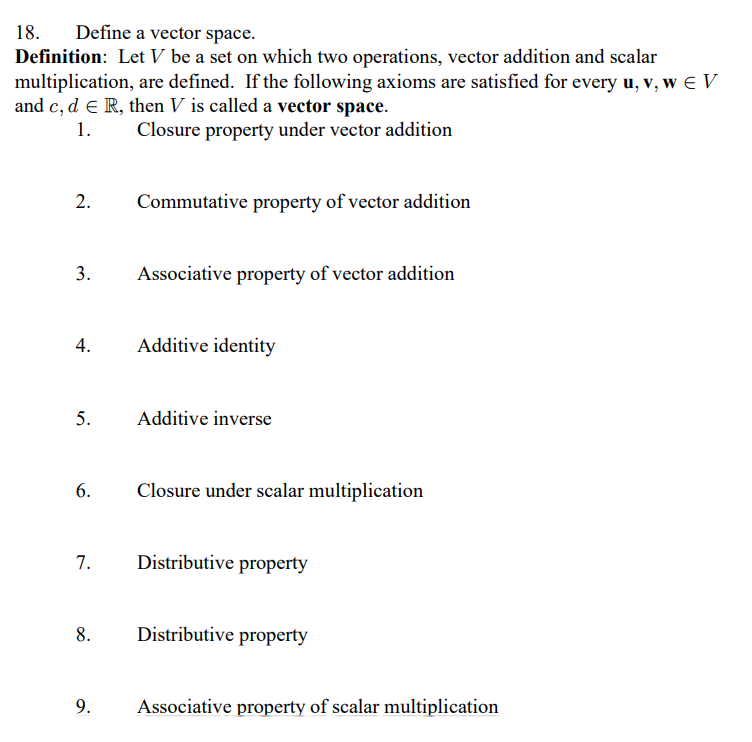 Solved 18. Define a vector space. Definition: Let V be a set | Chegg.com