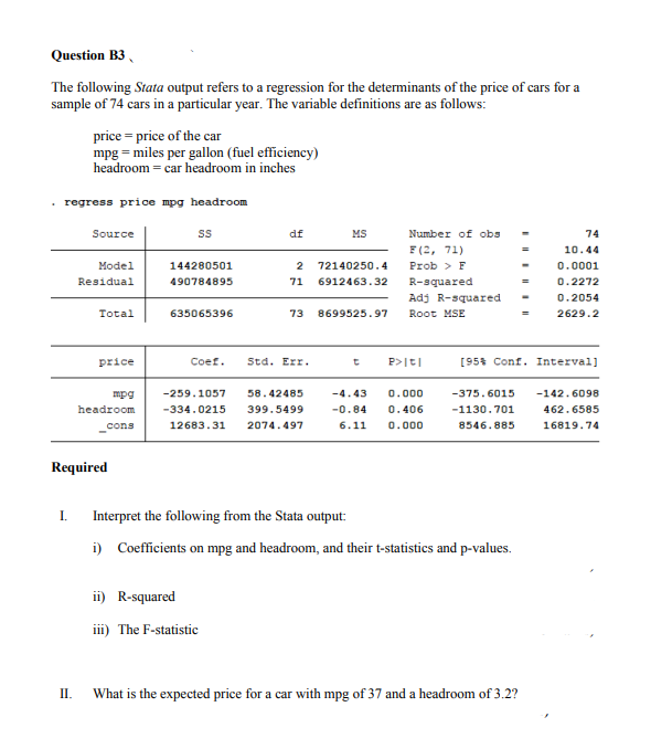 Solved Question B3The following Stata output refers to a | Chegg.com