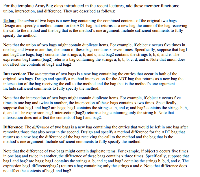 For the template ArrayBag class introduced in the | Chegg.com