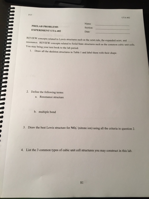 Solved F17 UTA-402 PRELAB PROBLEMS EXPERIMENT UTA-402 Name | Chegg.com