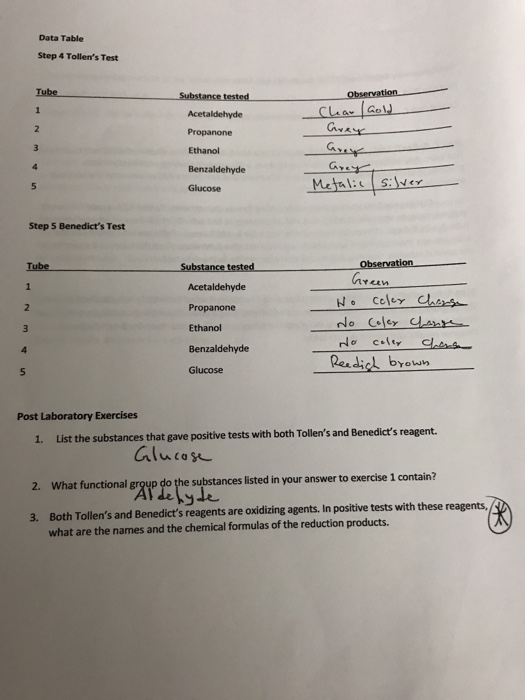 Solved Data Table Step 4 Tollen's Test Observation Gol | Chegg.com
