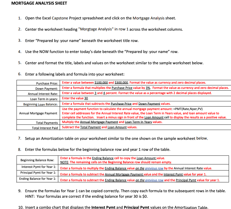 MORTGAGE ANALYSIS SHEET 1. Open the Excel Capstone | Chegg.com