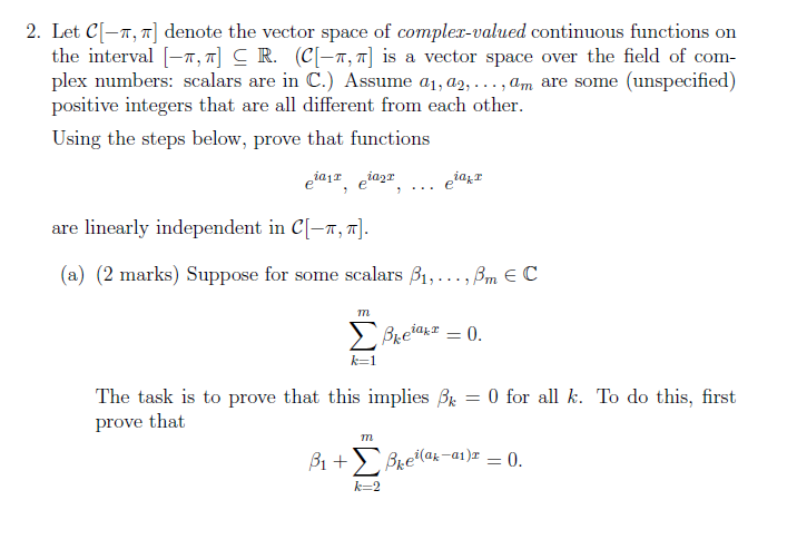 Let C[−π,π] denote the vector space of complex-valued | Chegg.com