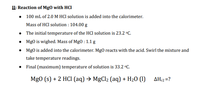 Solved II: Reaction of Mgo with HCI 100 mL of 2.0 M HCl | Chegg.com