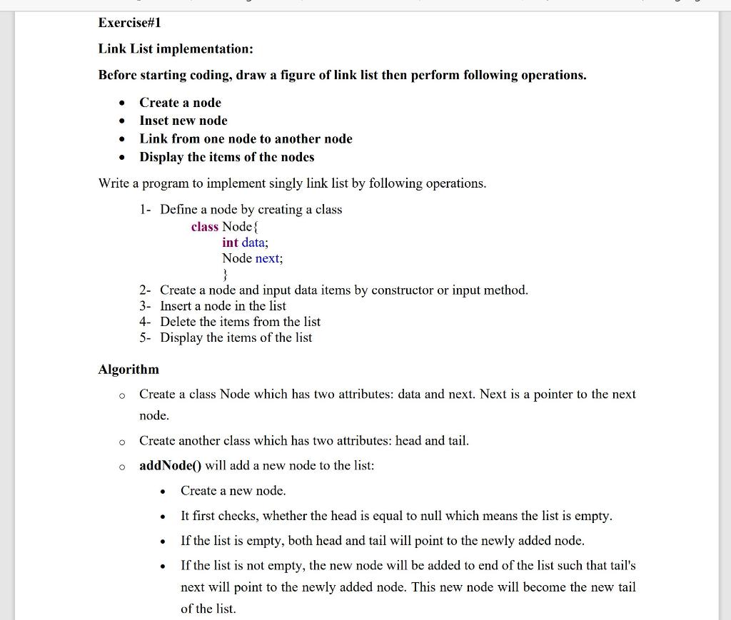 Solved Exercise#1 Link List implementation: Before starting | Chegg.com