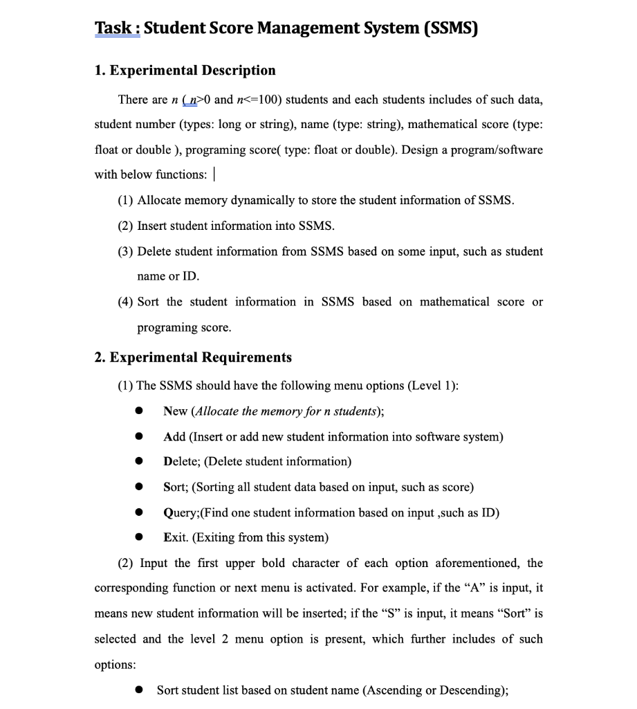 Solved Task : Student Score Management System (SSMS) 1. | Chegg.com