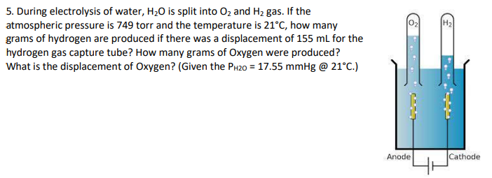 Solved 5. During electrolysis of water, H2O is split into O2 | Chegg.com