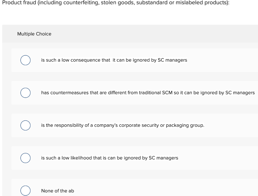 Solved Product fraud (including counterfeiting, stolen | Chegg.com