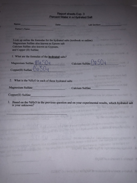 Solved Report sheets Exp. 3 Percent Water in a Hydrated Salt | Chegg.com