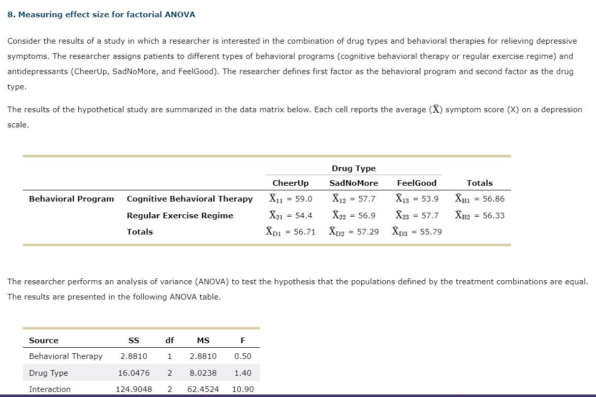 8. Measuring effect size for factorial ANOVA Consider | Chegg.com