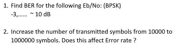 Solved 1. Find BER for the following Eb/No: (BPSK) −3,…….∼10 | Chegg.com