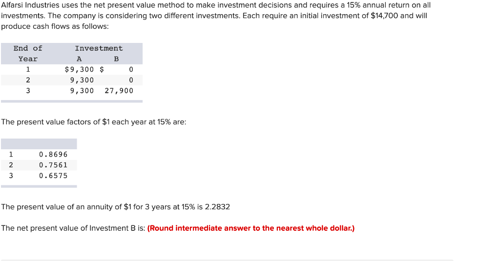 Solved Alfarsi Industries uses the net present value method | Chegg.com