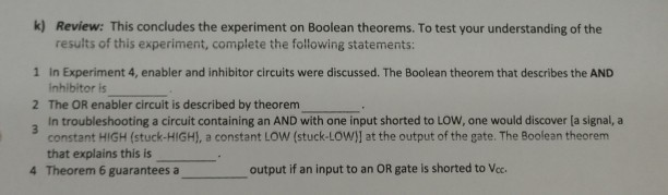 k) Review: This concludes the experiment on Boolean | Chegg.com