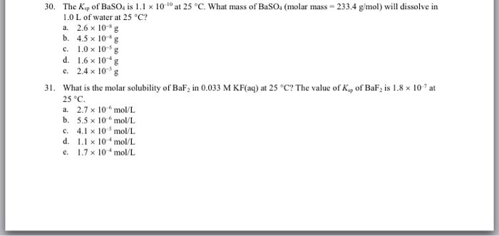 Solved The Ksp of Baso, is 1.1 × 10 10 at 25 °C, what mass | Chegg.com
