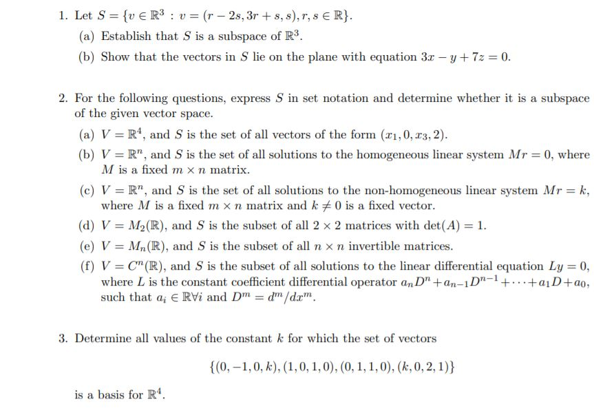 Solved 1. Let S = {v € R3 : v= (r - 2s, 3r + s,s),r, s ER}. | Chegg.com