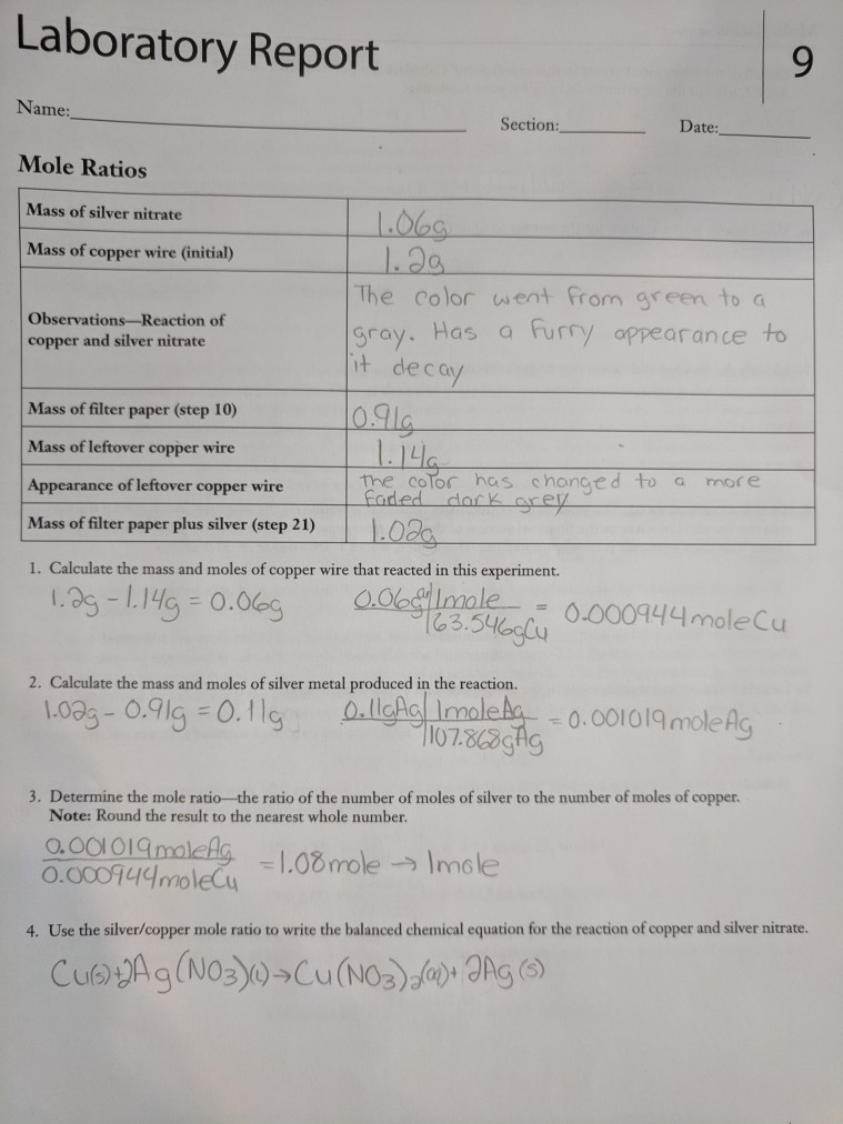 Solved Mole Ratios continued 5. Did all of the silver | Chegg.com