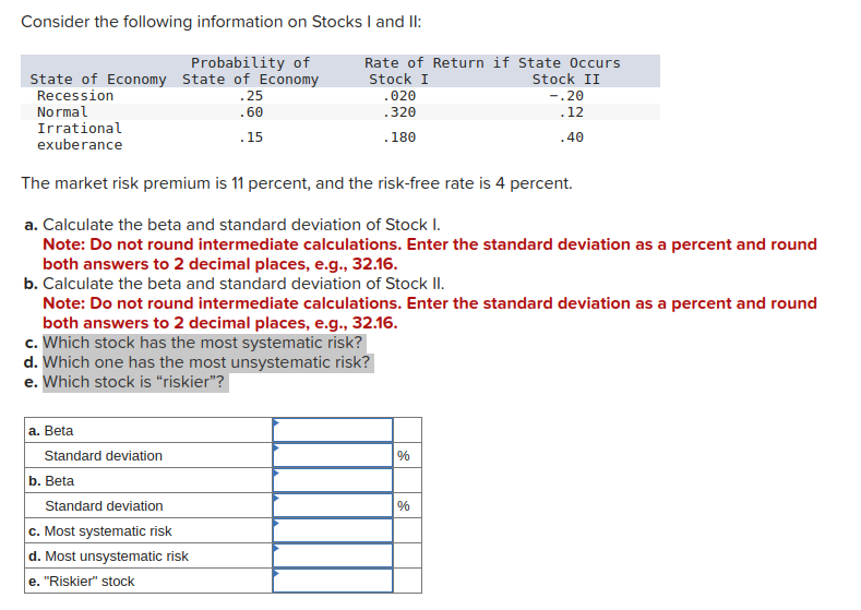Solved Consider the following information on Stocks I and | Chegg.com
