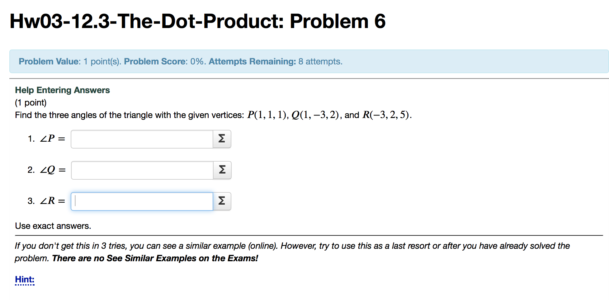 Solved Hw03-12.3-The-Dot-Product: Problem 6 Problem Value: 1 | Chegg.com